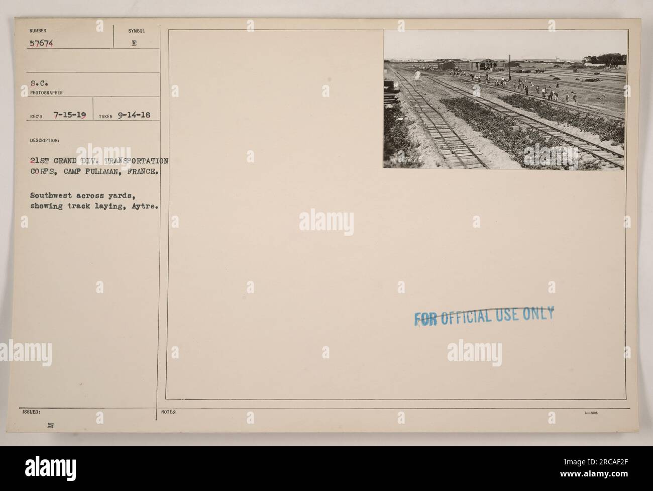 A photograph taken at Camp Pullman, France, showing track laying in the ...