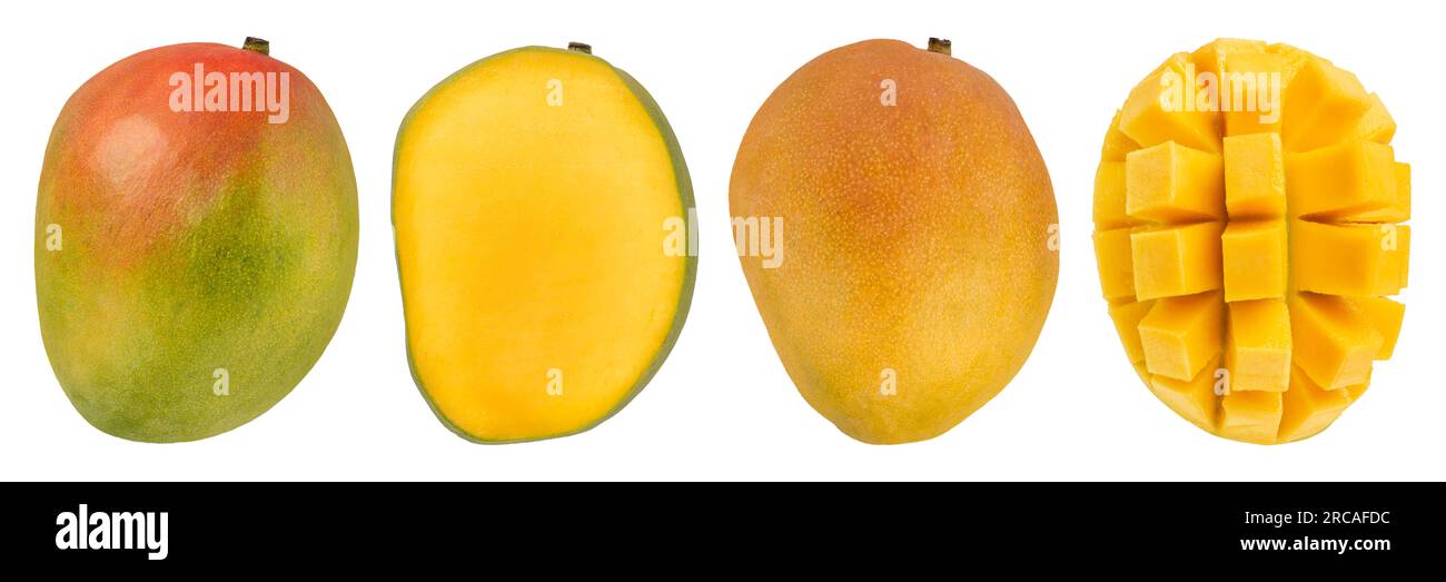 Set with sweet ripe mangoes on white background. Banner design Stock ...