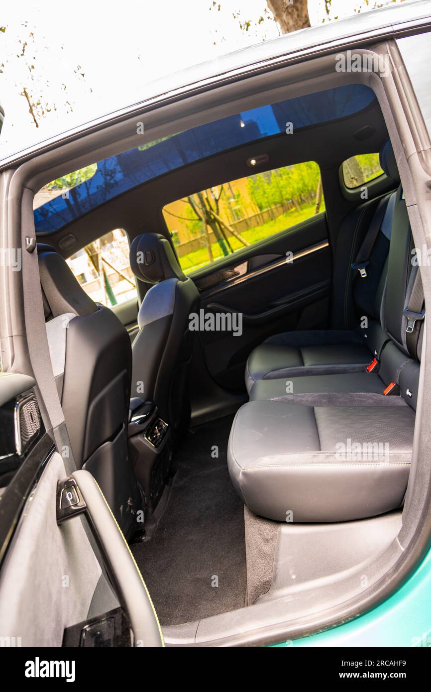 Rear seats of a Neta S, from a Chinese EV startup, on a test drive in ...