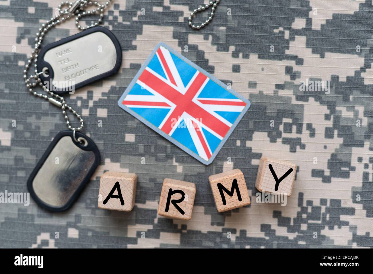 Military ID tags and US army patches on camouflage background Stock ...
