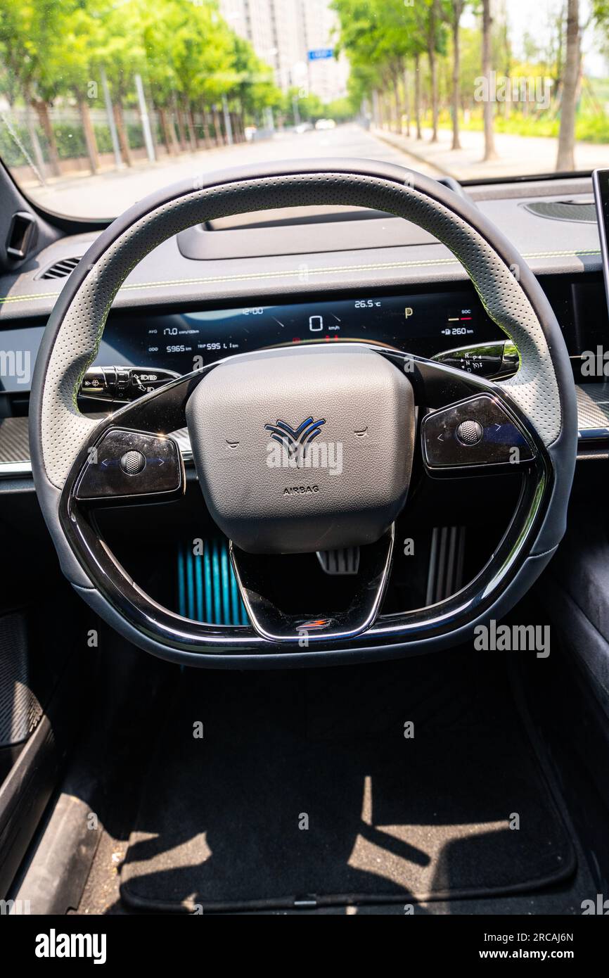 Steering wheel of a Neta S, from a Chinese EV startup, on a test drive ...