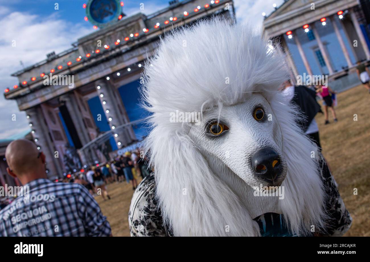 Neustadt Glewe, Germany. 13th July, 2023. A festival-goer dressed as a ...