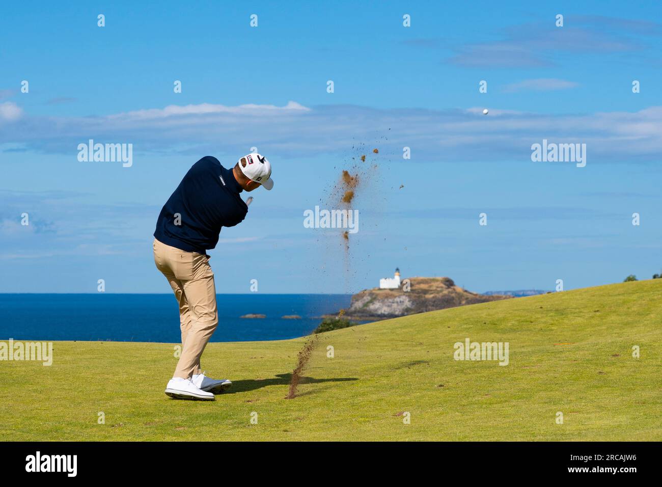 North Berwick, East Lothian, Scotland, UK. 13th July 2023. Yannik Paul plays his approach to the ...