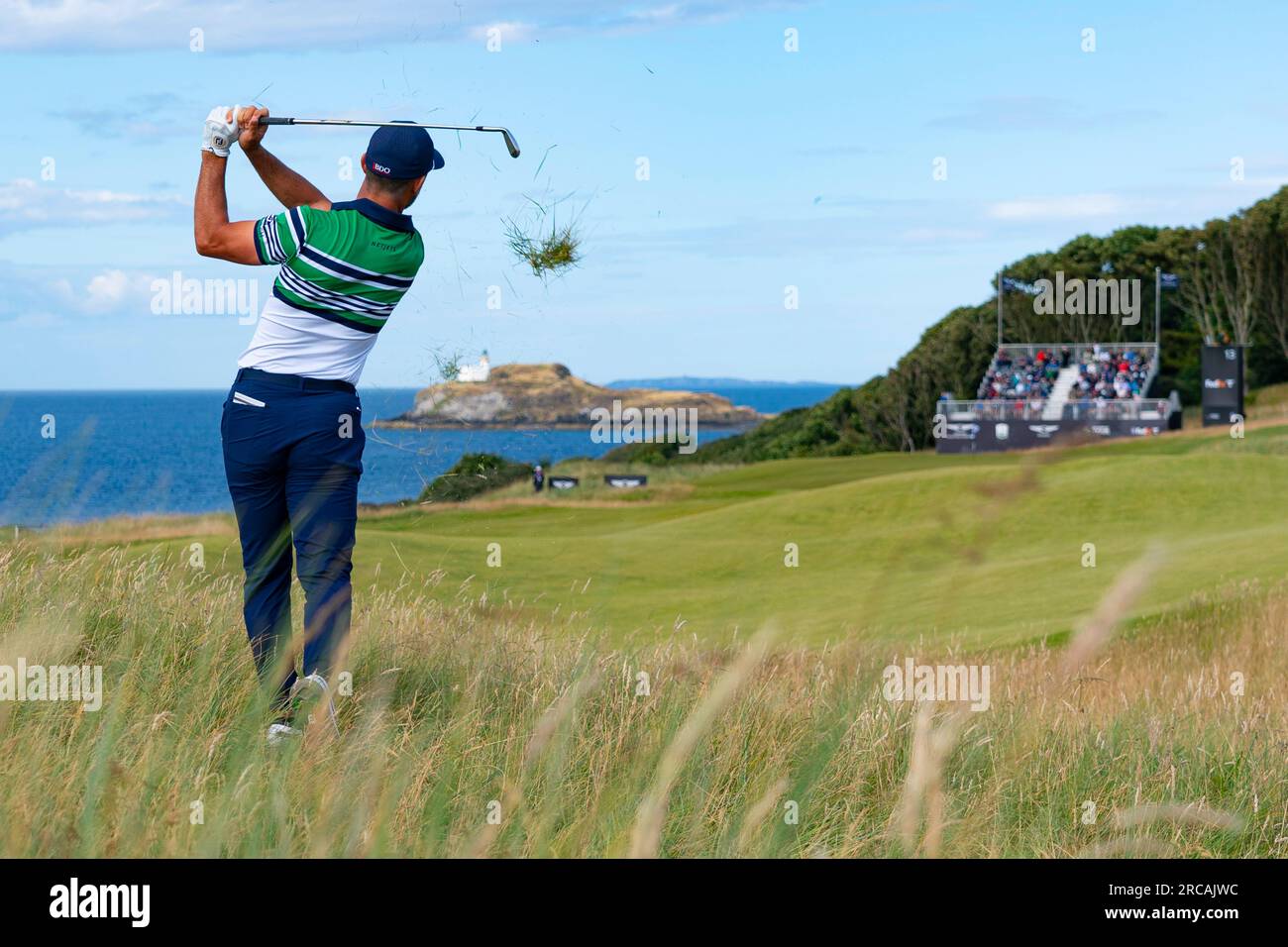 North Berwick, East Lothian, Scotland, UK. 13th July 2023. Billy Horschel plays his approach ...