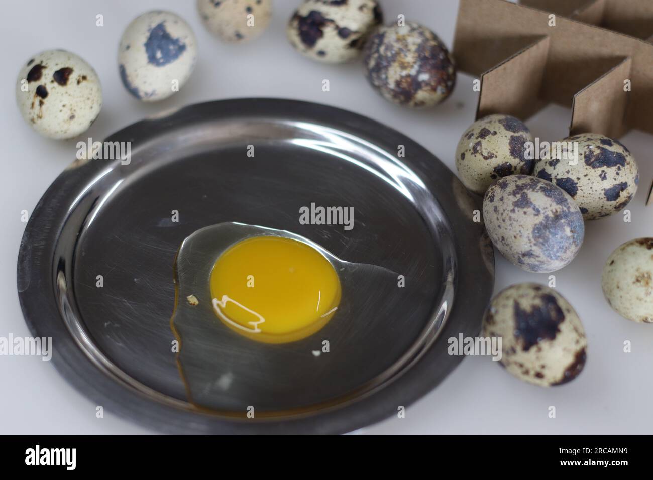 Cracked Quail egg. Egg yolk out of the quail egg shell. These eggs are ...