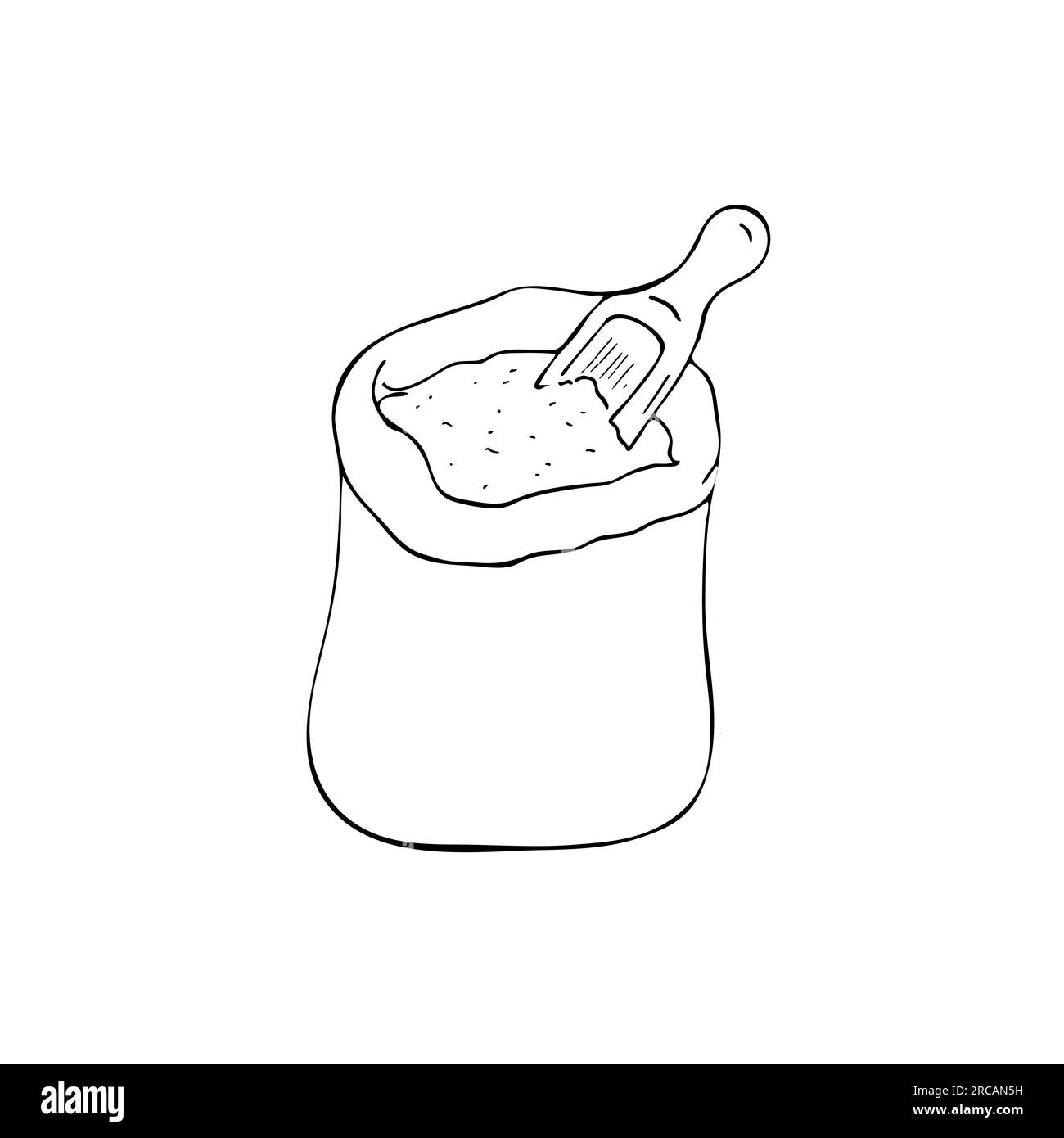 Sack with flour or sugar, with a wooden scoop isolated on white ...