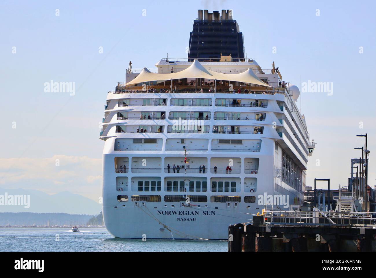 Rear view of Norwegian Cruise Lines cruise ship Norwegian Sun moored in ...
