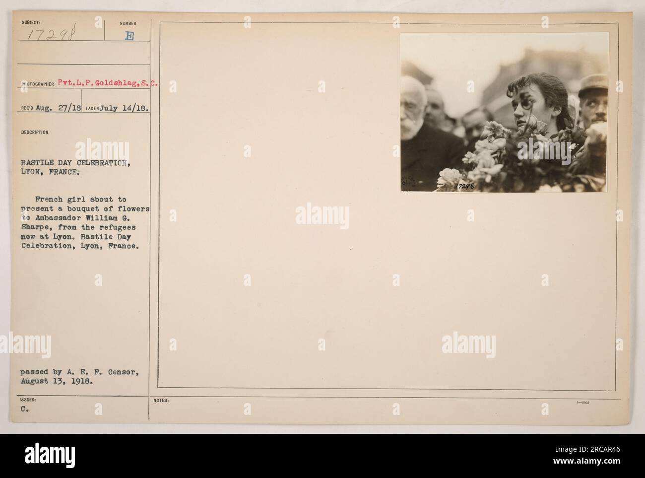 French girl presenting bouquet to Ambassador William G. Sharpe during ...