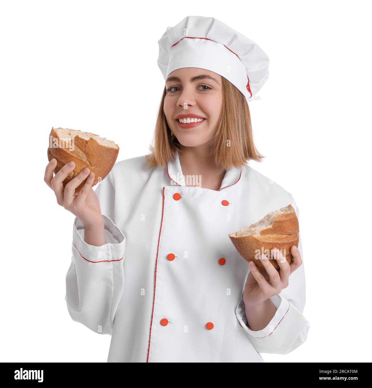 Female baker with fresh bread on white background Stock Photo - Alamy