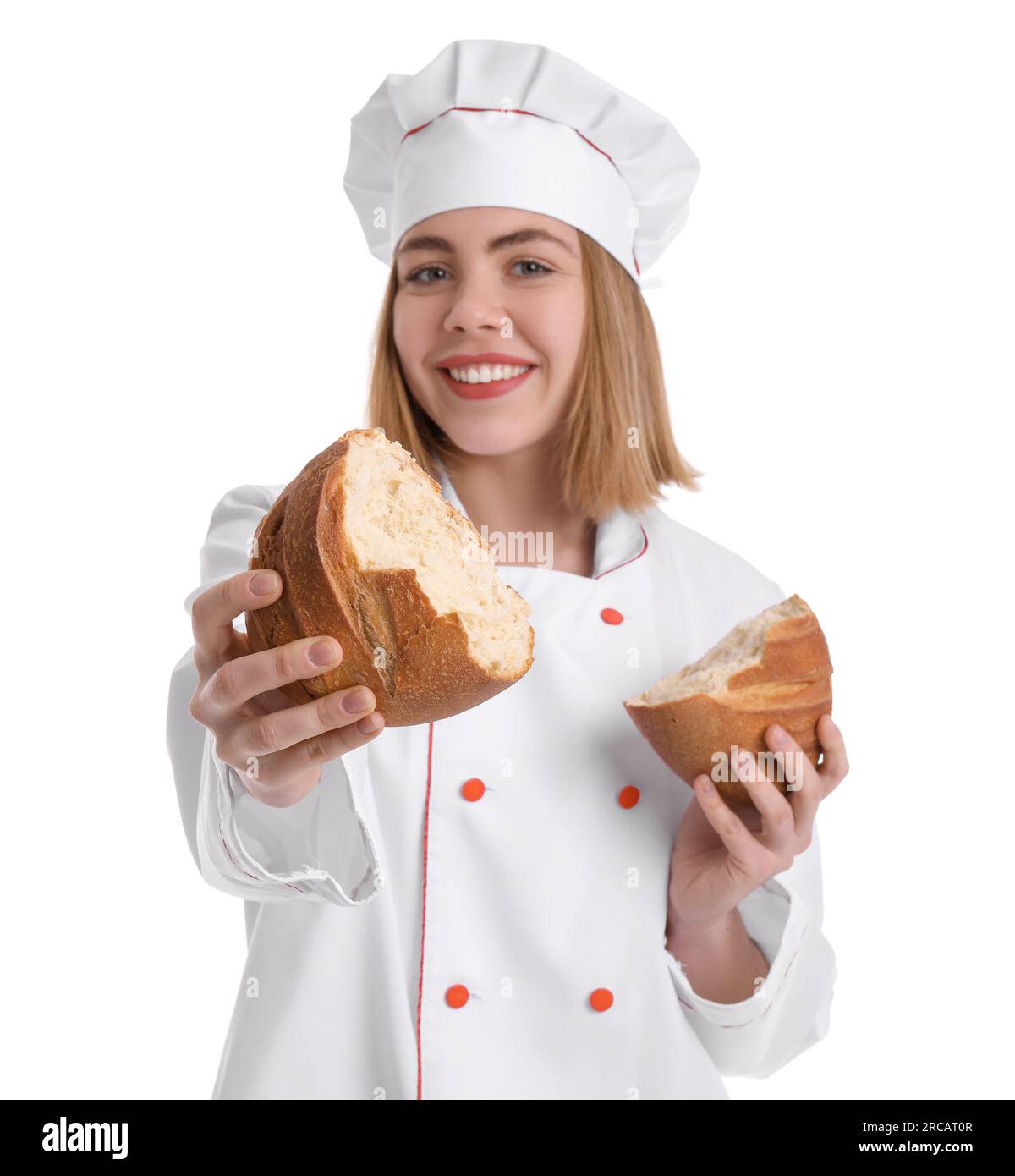 Female baker with fresh bread on white background Stock Photo - Alamy