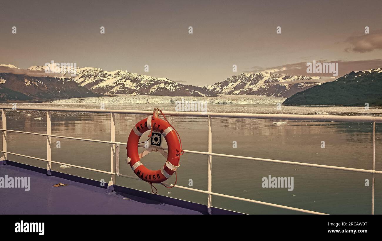 Lifebuoy buoy on cruise ship aboard in Hubbard Glacier bay. Ring buoy ...