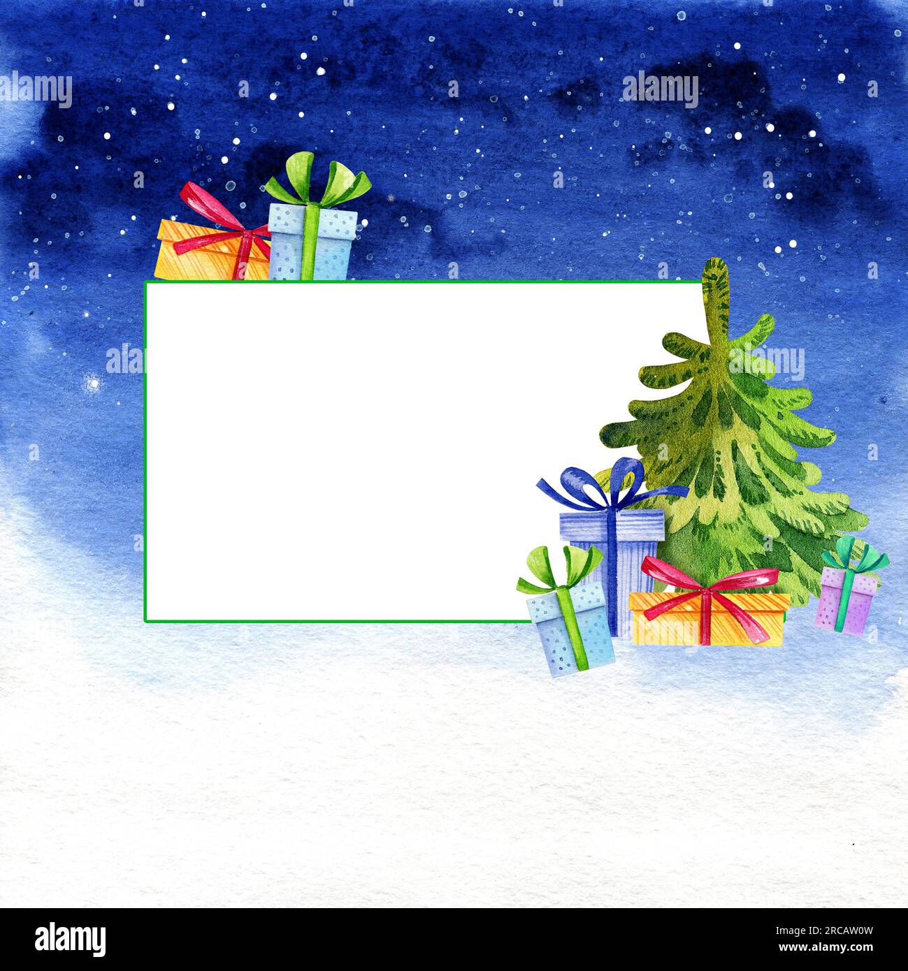 Watercolor frame of christmas theme with a Christmas tree and gifts ...