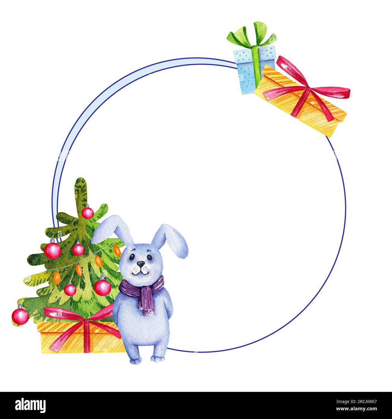 Watercolor circle frame of christmas theme with a Christmas tree and ...
