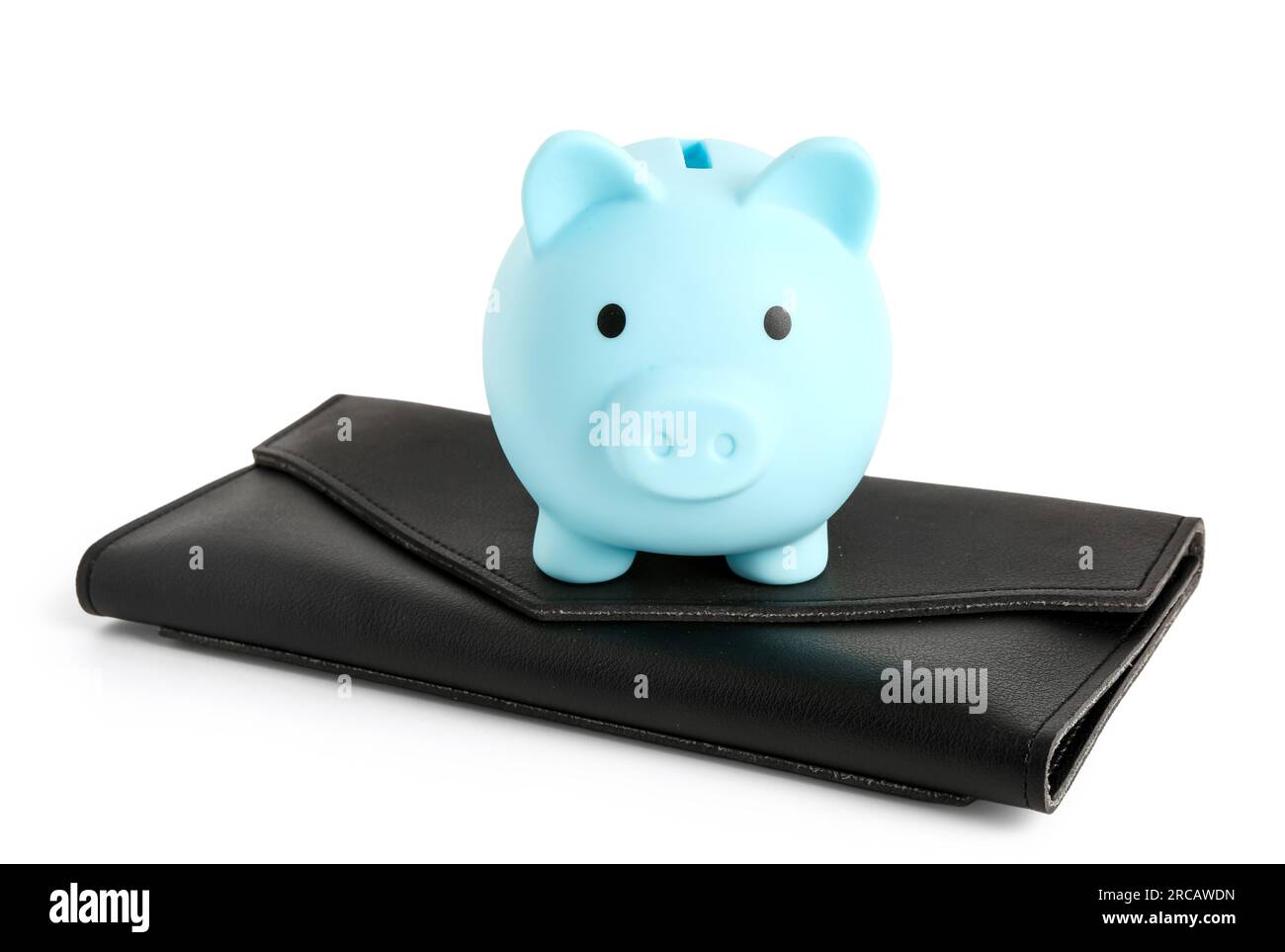 Blue piggy bank with wallet isolated on white background Stock Photo ...