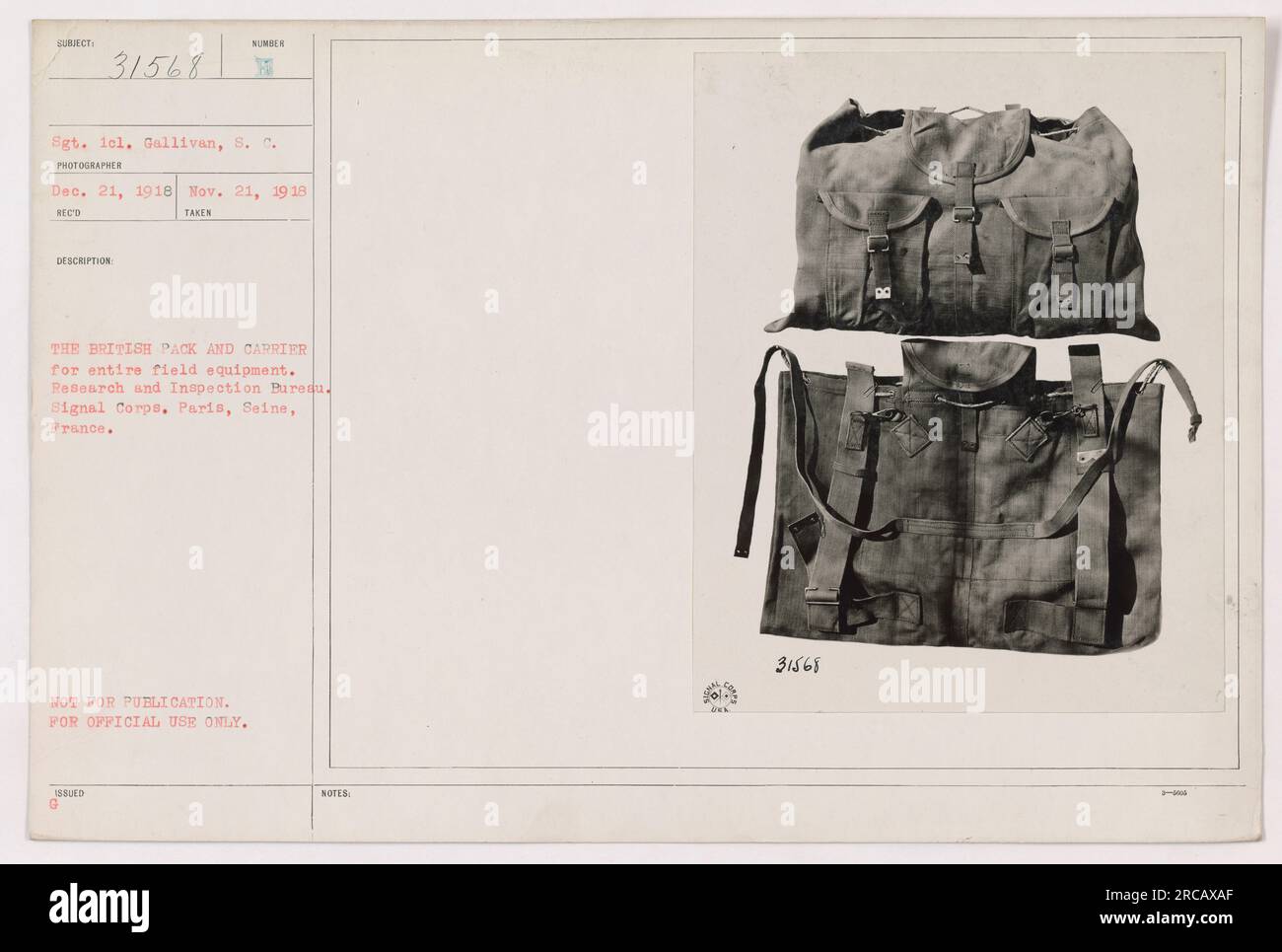 The image shows Sergeant Gallivan with a British pack and carrier used ...