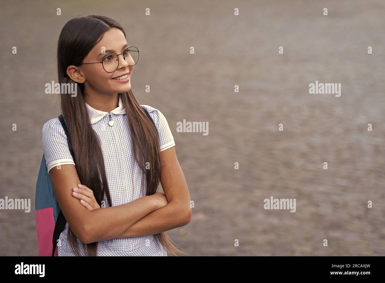 teenage school girl outdoor with copy space banner. photo of teenage ...