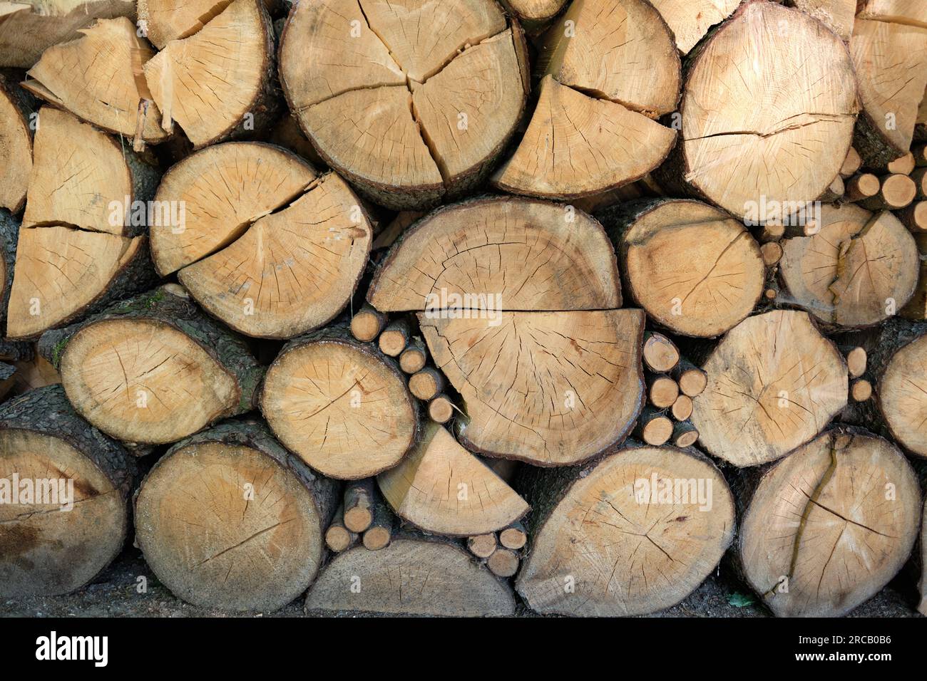 Stacked large and small, chopped and round firewood in a pile. Close-up ...