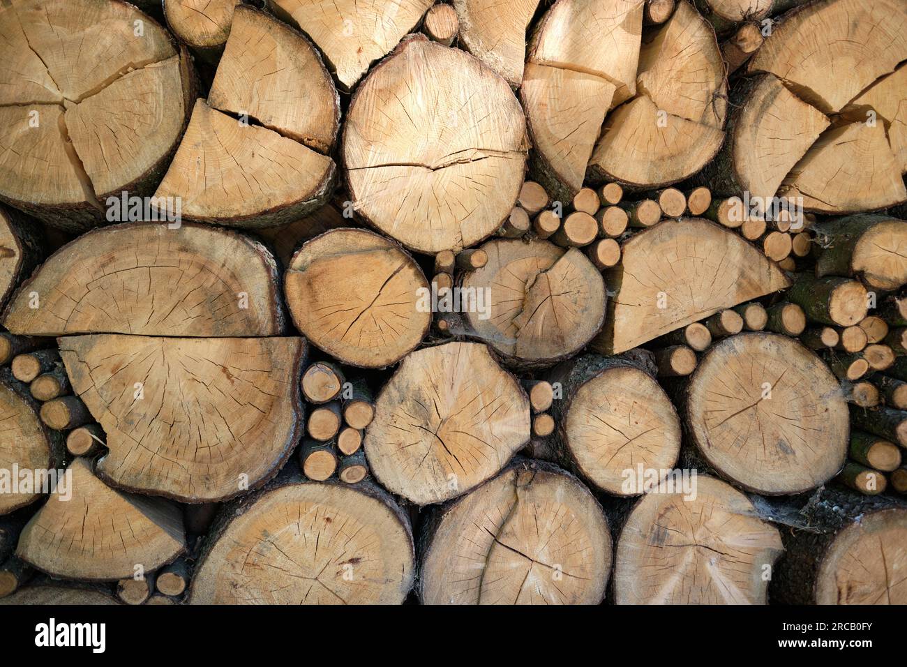 Stacked large and small, chopped and round firewood in a pile. Close-up ...