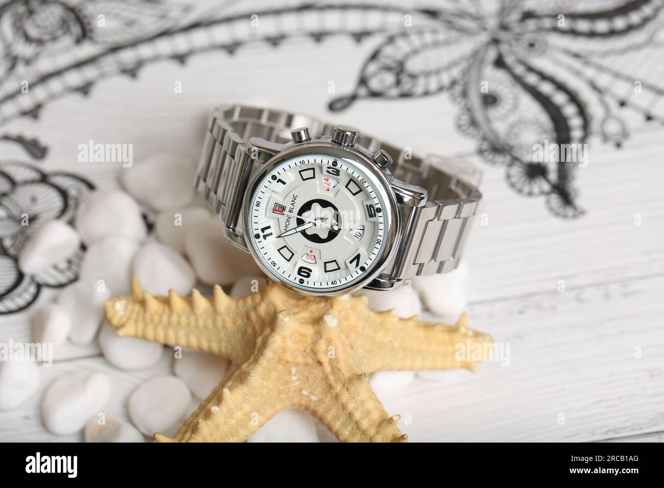 Hand wrist watch chronograph classic designer time clock Stock Photo ...