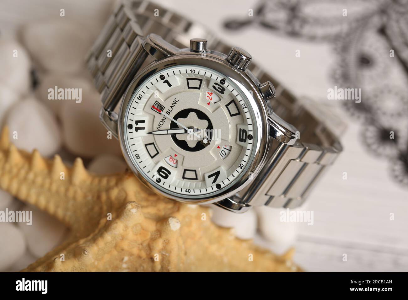 Hand wrist watch chronograph classic designer time clock Stock Photo ...