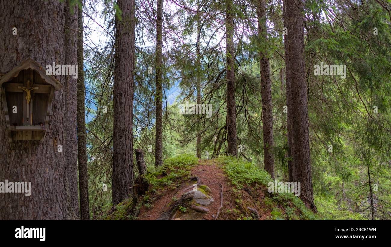 A symbol of Jesus on a cross, on a tree in the alpine forest (Austria ...