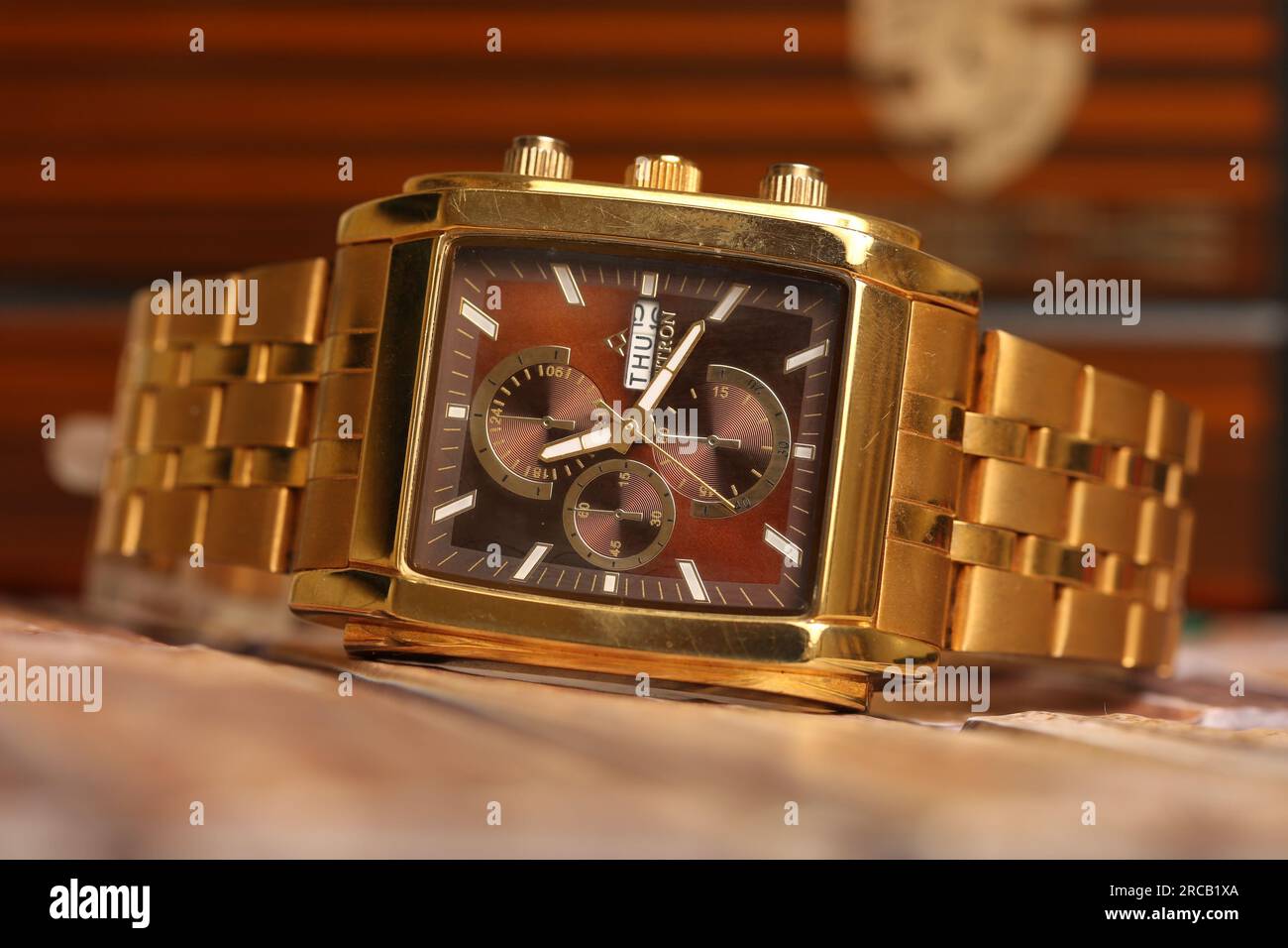 Hand wrist watch chronograph classic designer time clock Stock Photo ...