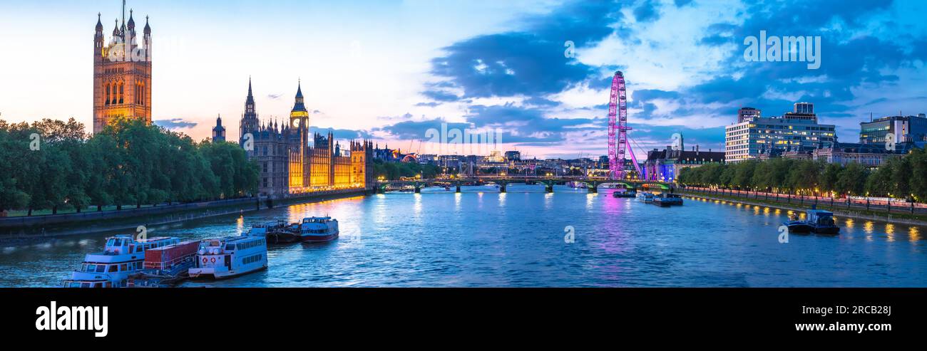 Bigh Ben and Thames riverfront sundown panoramic view in London ...