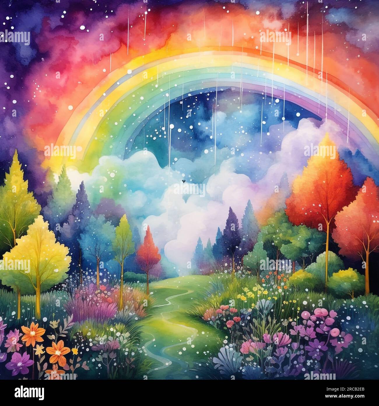 Watercolor style landscape rainbow forest. Rainbow fairy background ...