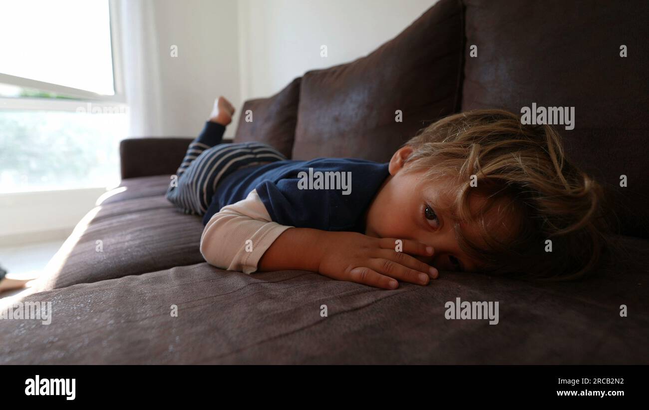 One little boy lying on sofa resting pensive child lies on couch Stock ...