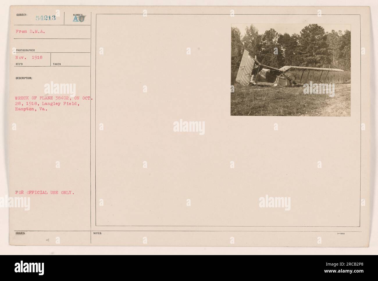 A photograph showing the wreckage of plane 38402 at Langley Field in ...