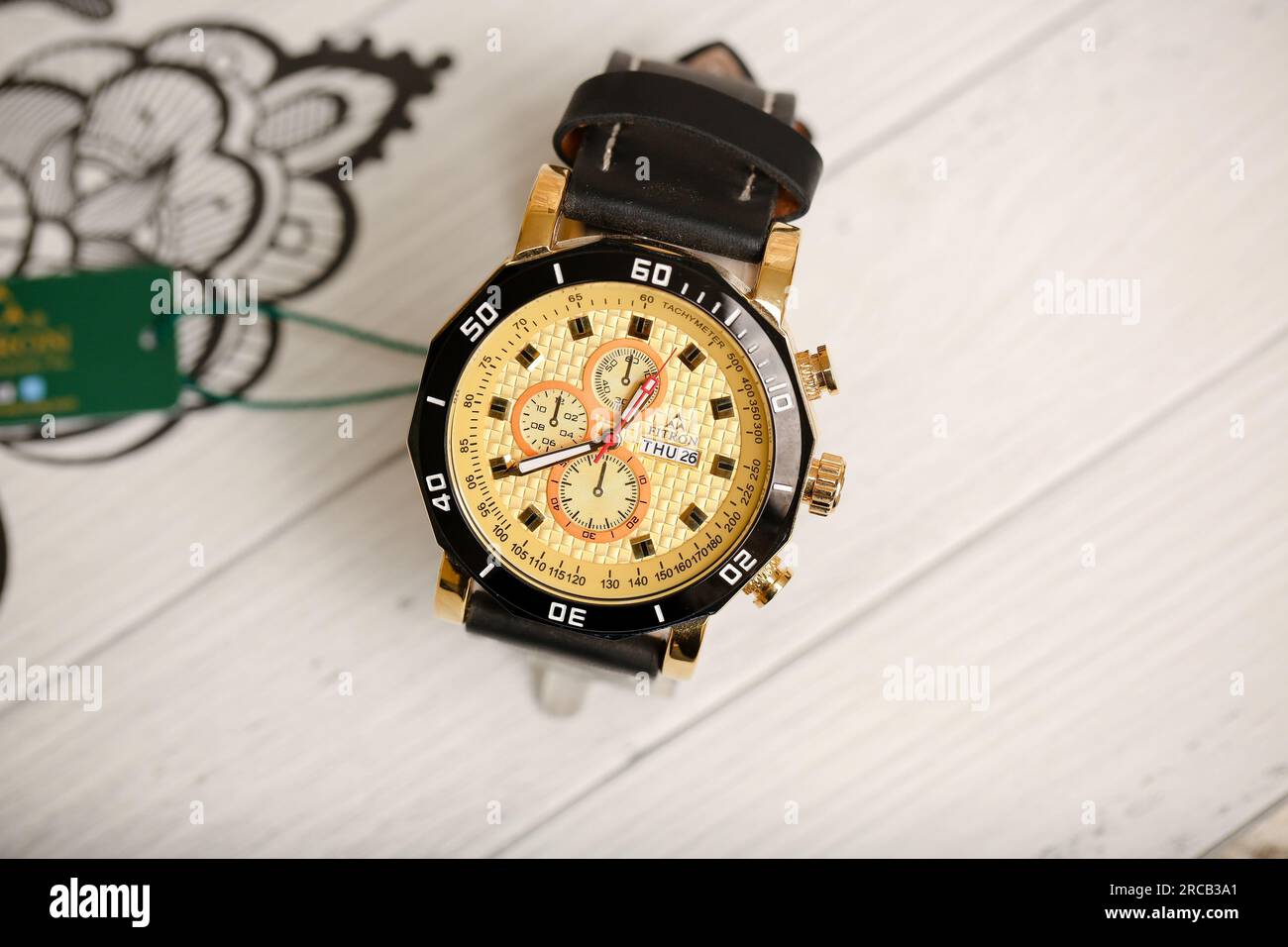 Hand wrist watch chronograph classic designer time clock Stock Photo ...