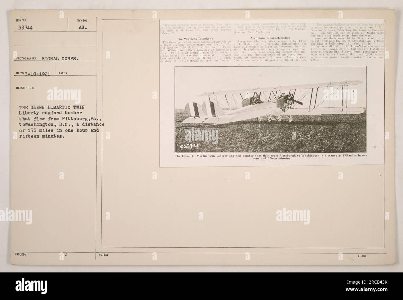 The Glenn L. Martin twin Liberty-engined bomber, photographed in flight ...