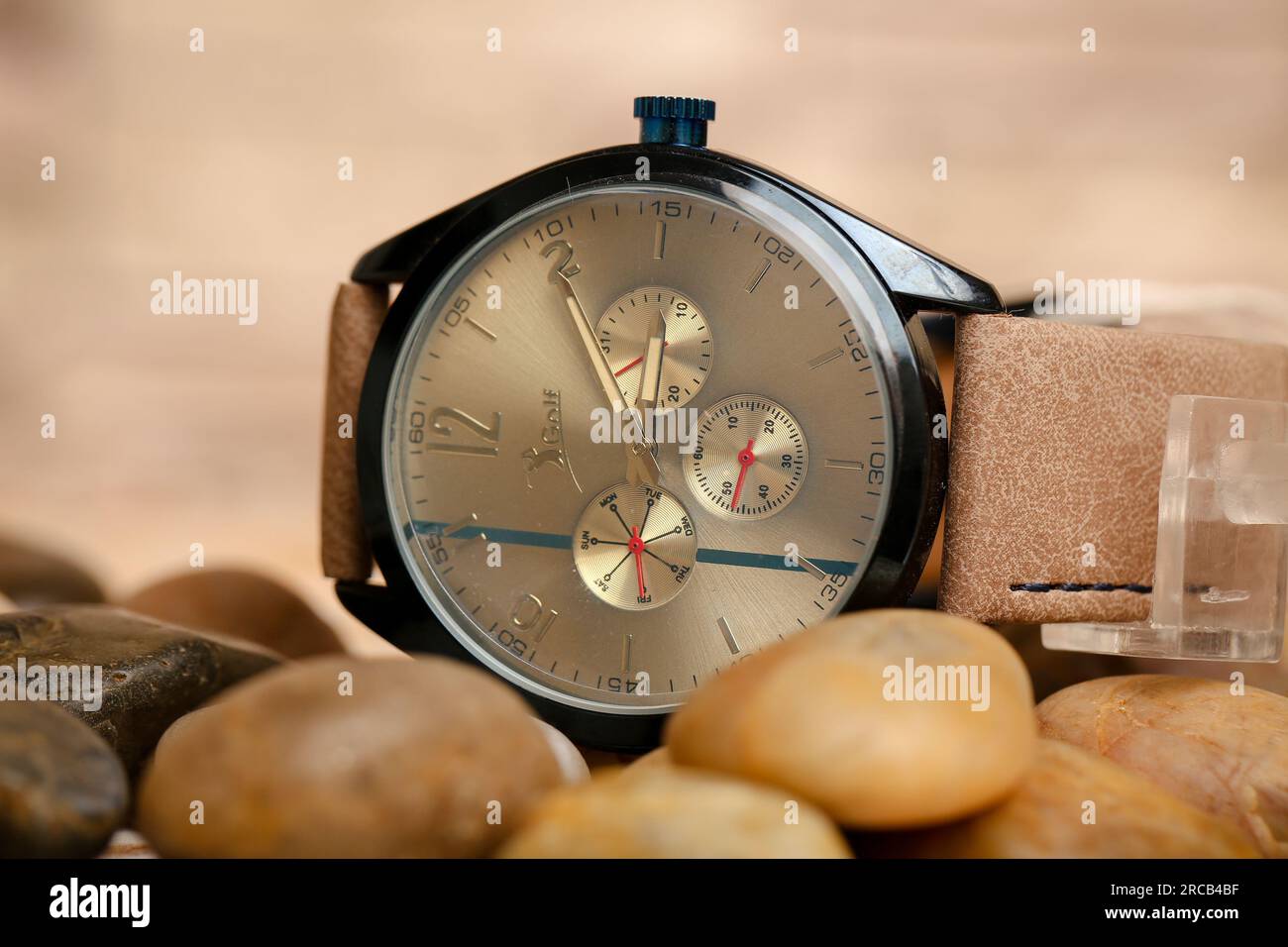 Hand wrist watch chronograph classic designer time clock Stock Photo ...