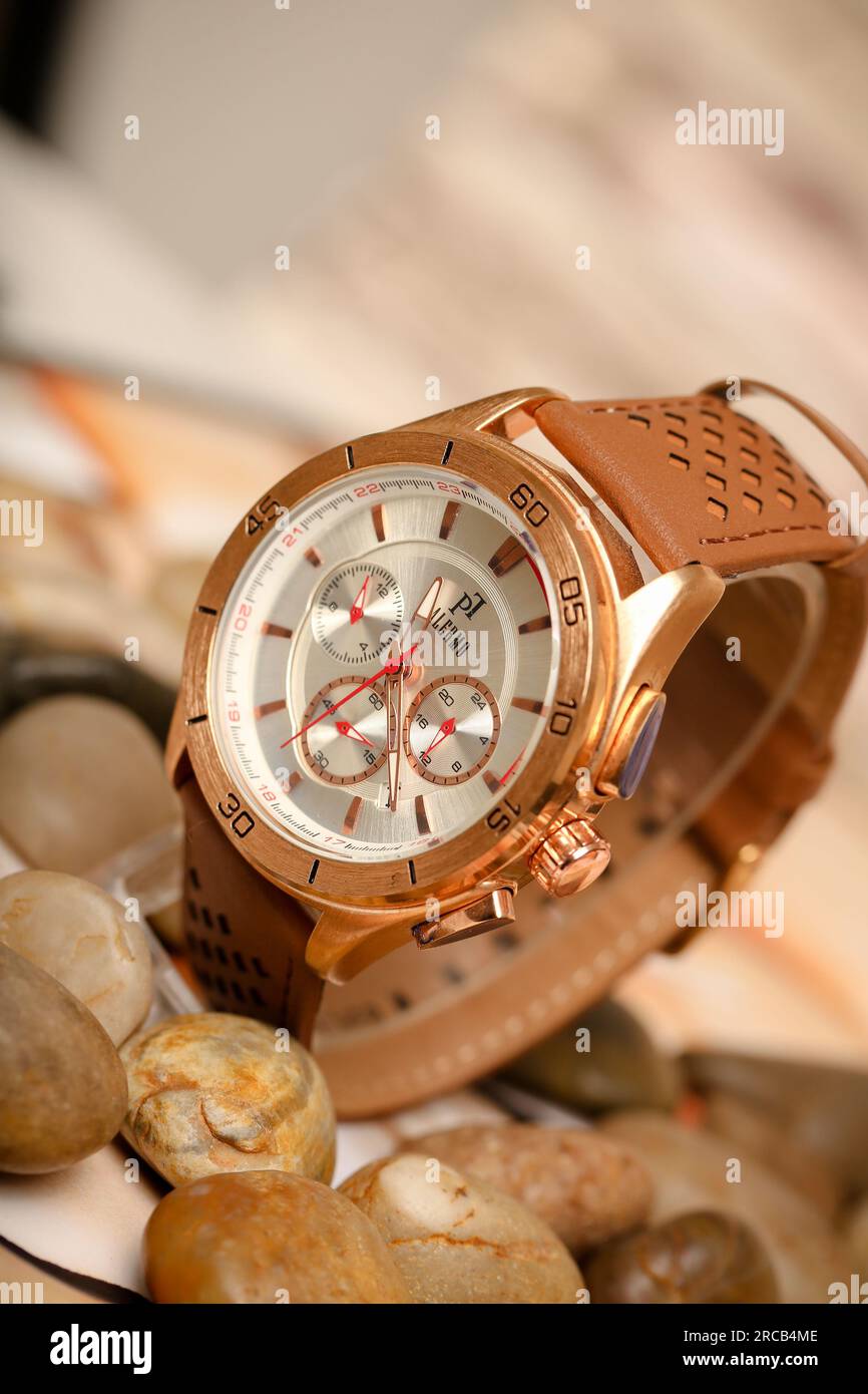 Hand wrist watch chronograph classic designer time clock Stock Photo ...