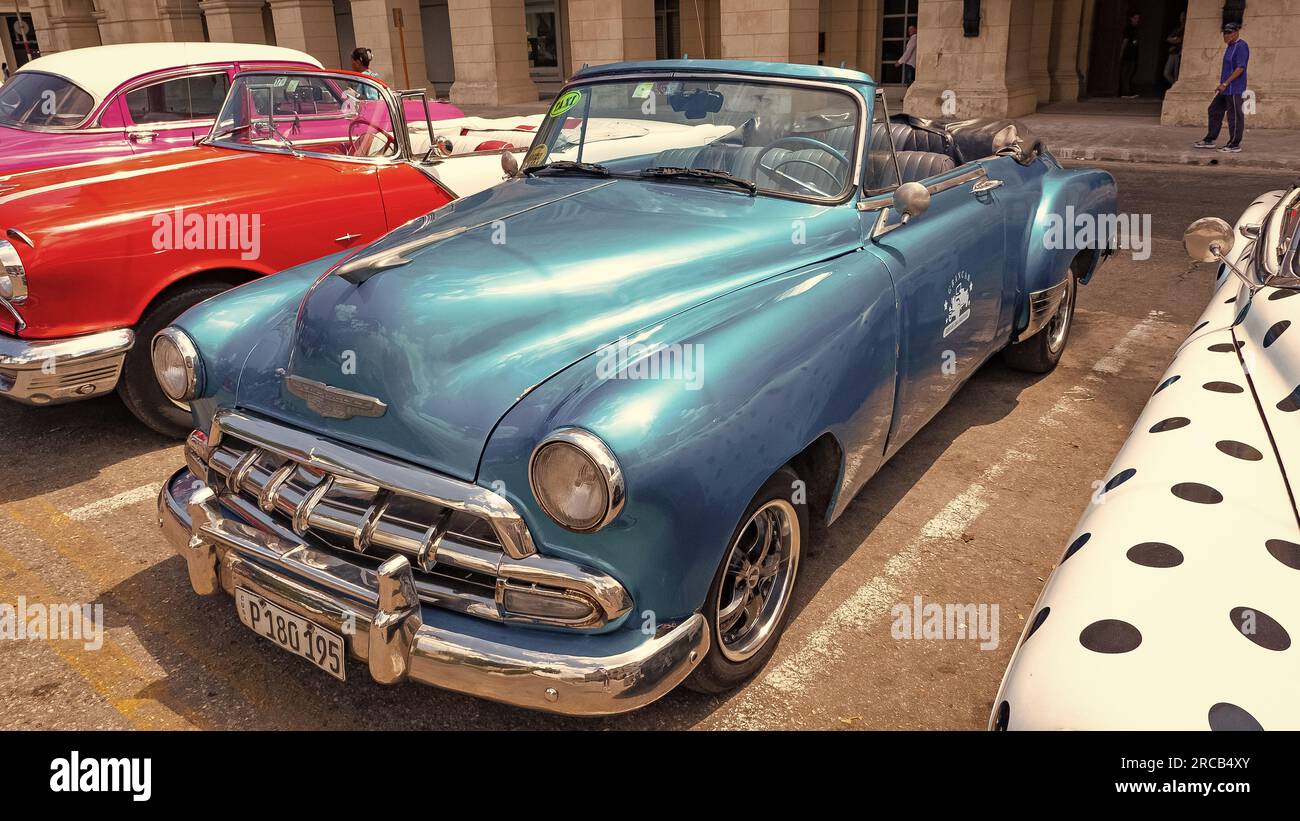 Havana, Cuba - May 02, 2019: blue chevrolet convertible retro car ...