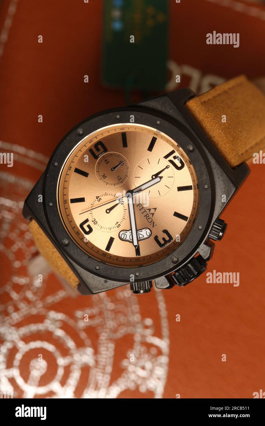 Hand wrist watch chronograph classic designer time clock Stock Photo ...