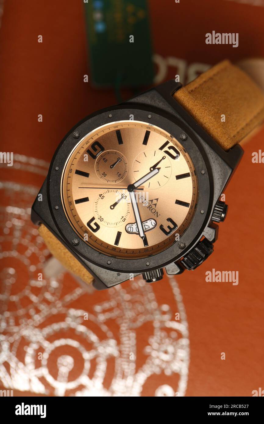 Hand wrist watch chronograph classic designer time clock Stock Photo ...