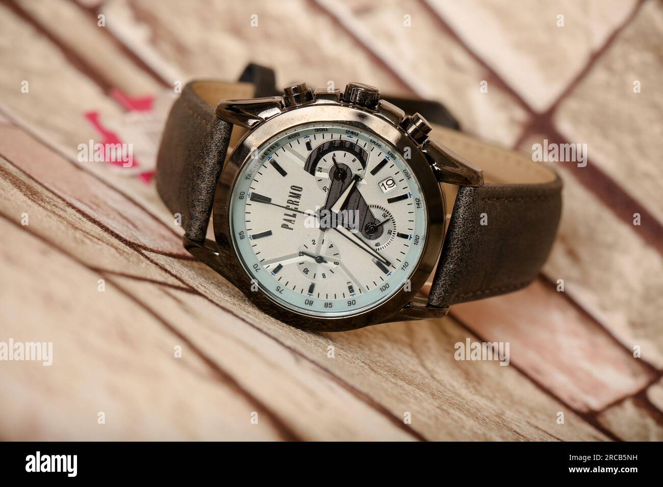 Hand wrist watch chronograph classic designer time clock Stock Photo ...
