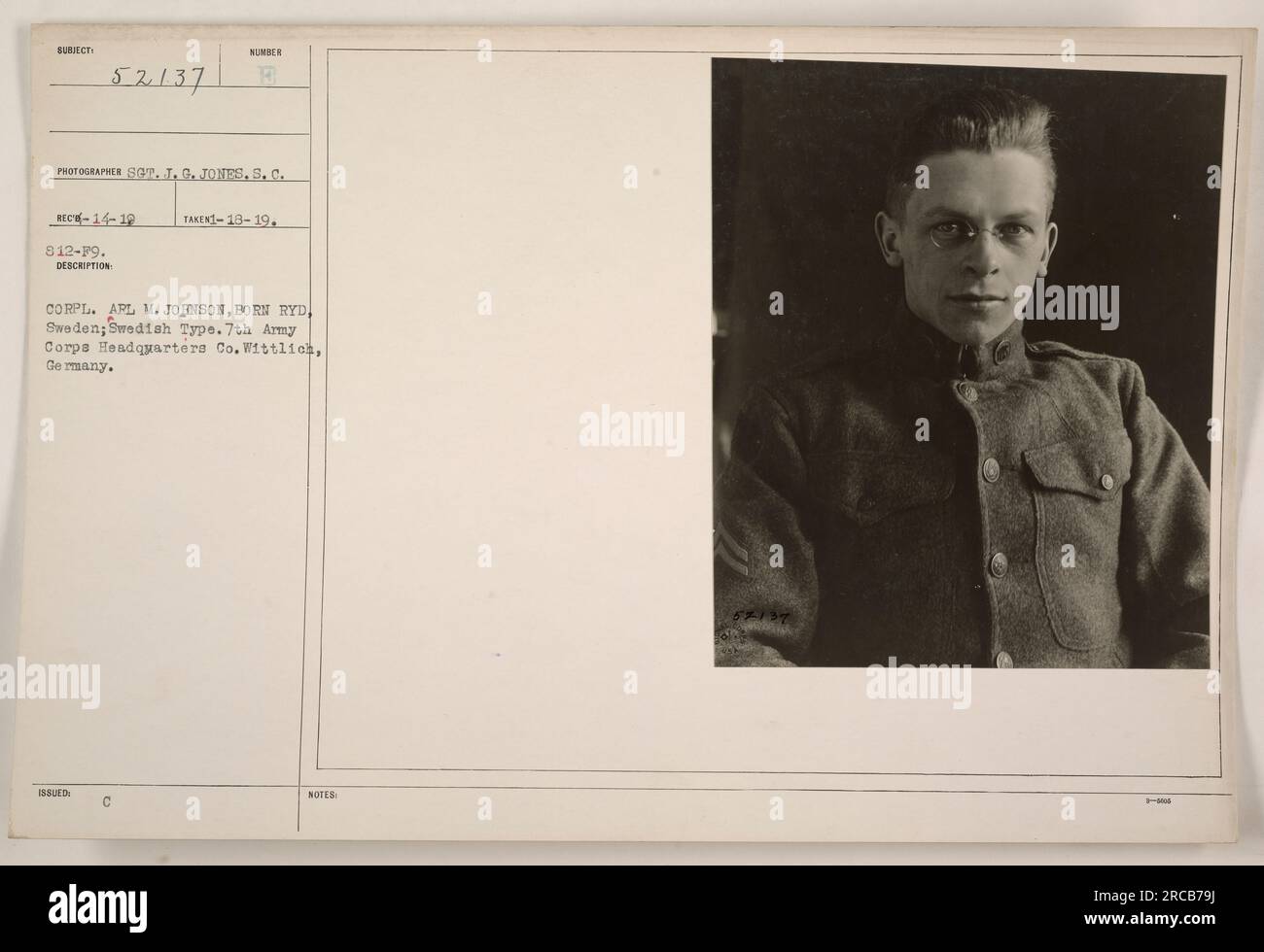 Corporal Arl M. Johnson, a Swedish Type soldier born in Ryd, Sweden ...