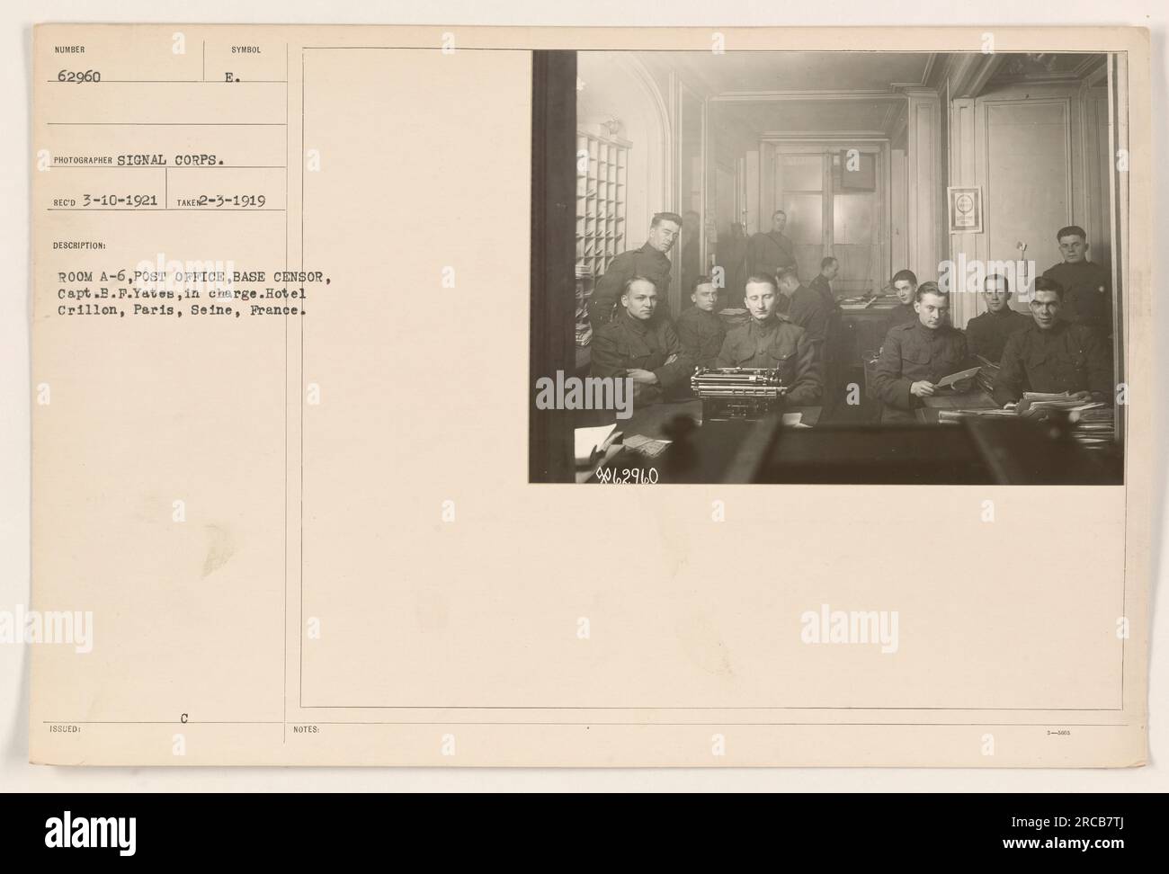 Caption: Capt. B.F. Yates, in charge of Room A-6, Post Office, Base ...