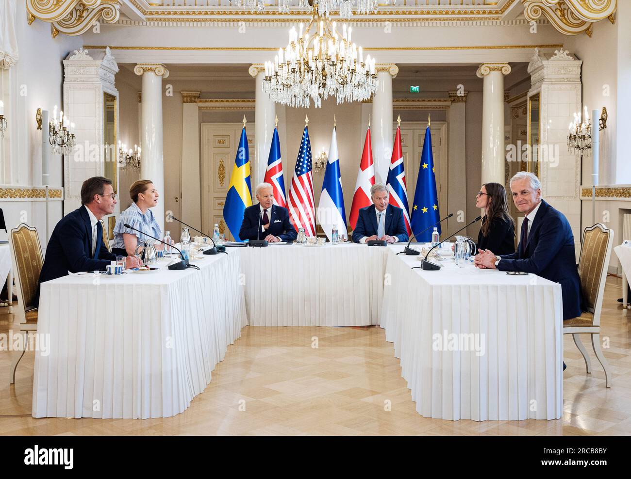 Helsinki, Finland. 13th July, 2023. From left to right, Sweden's Prime Minister Ulf Kristersson ...