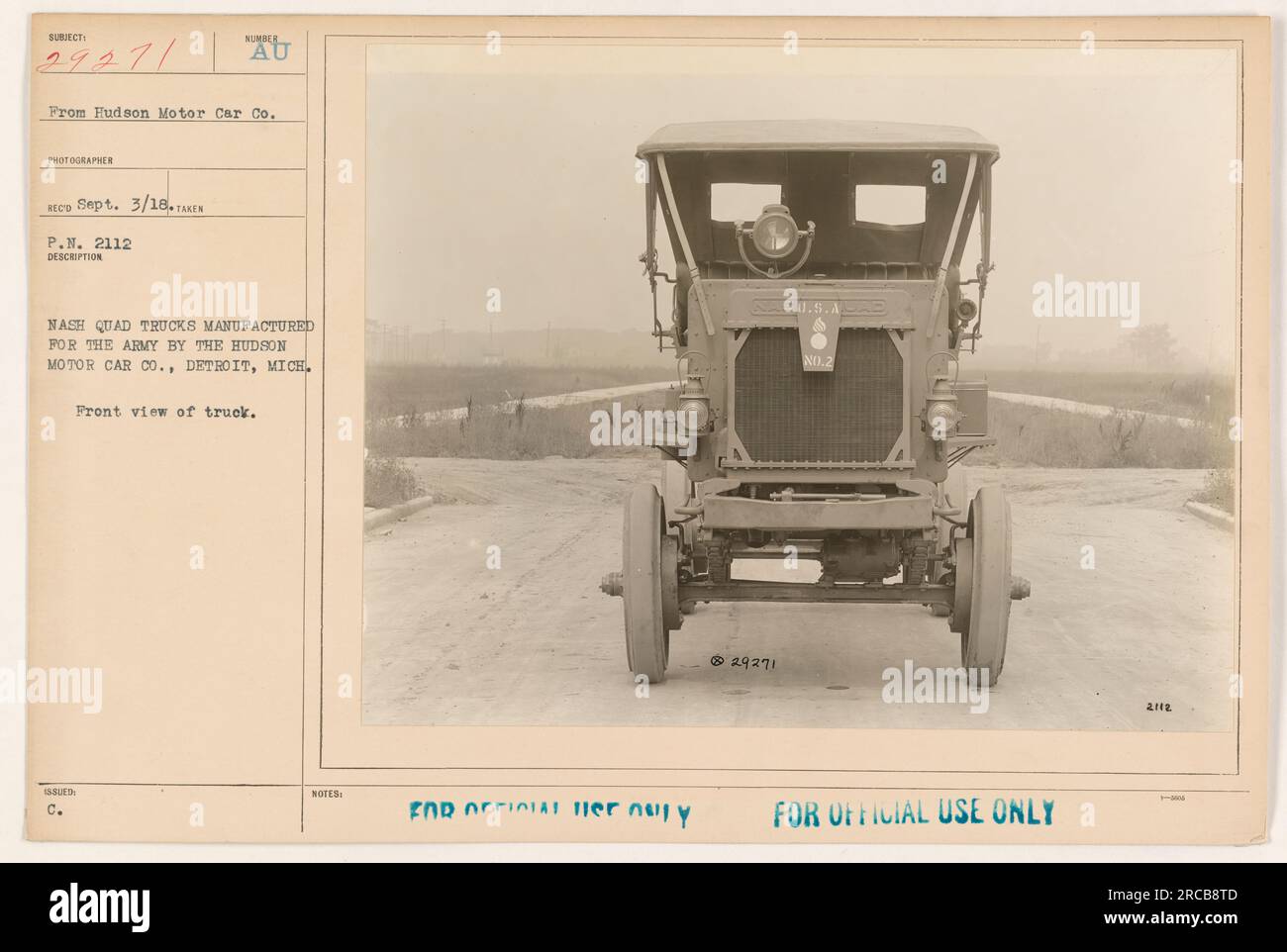 Front view of a Nash Quad truck manufactured for the Army by the Hudson ...