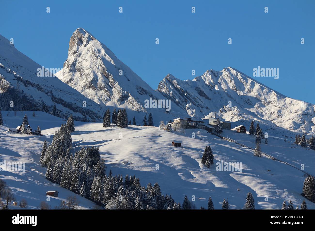 Mountain peaks of the Churfirsten in winter and ski area Stock Photo ...