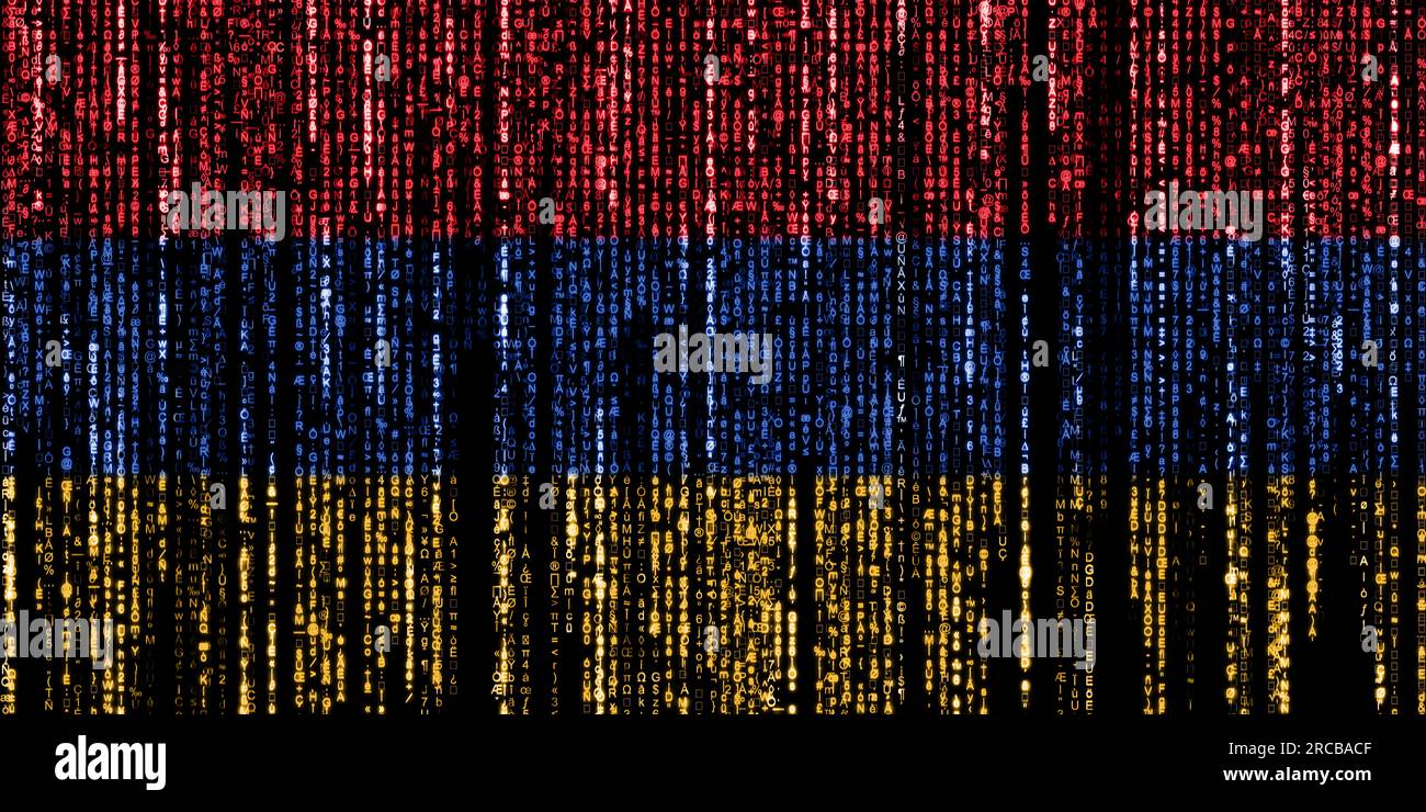 Flag of Armenia on a computer binary codes falling from the top and ...
