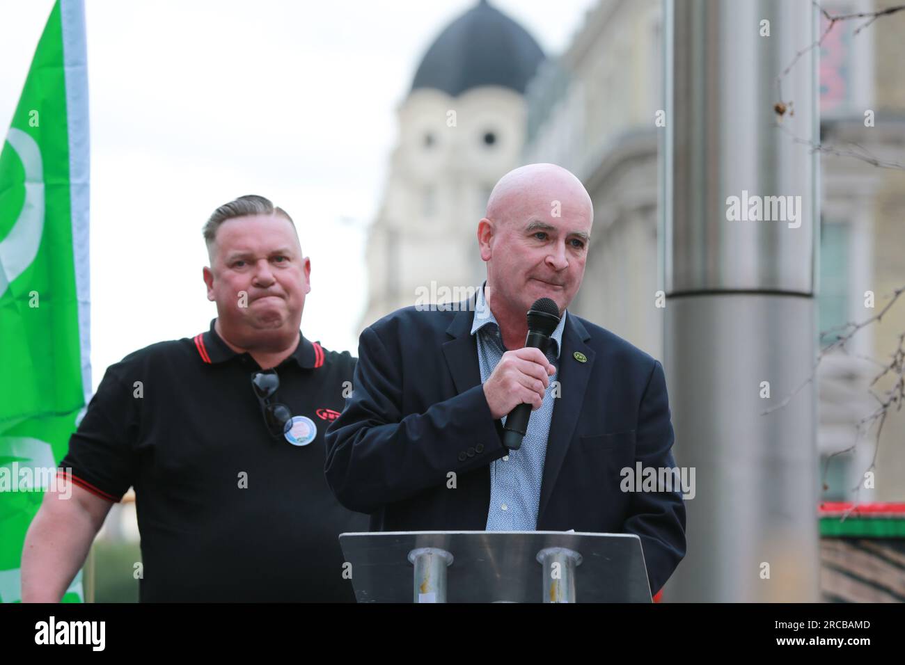 London, UK. 13 July 2023. RMT General Secretary Mick Lynch at the 'Save ...