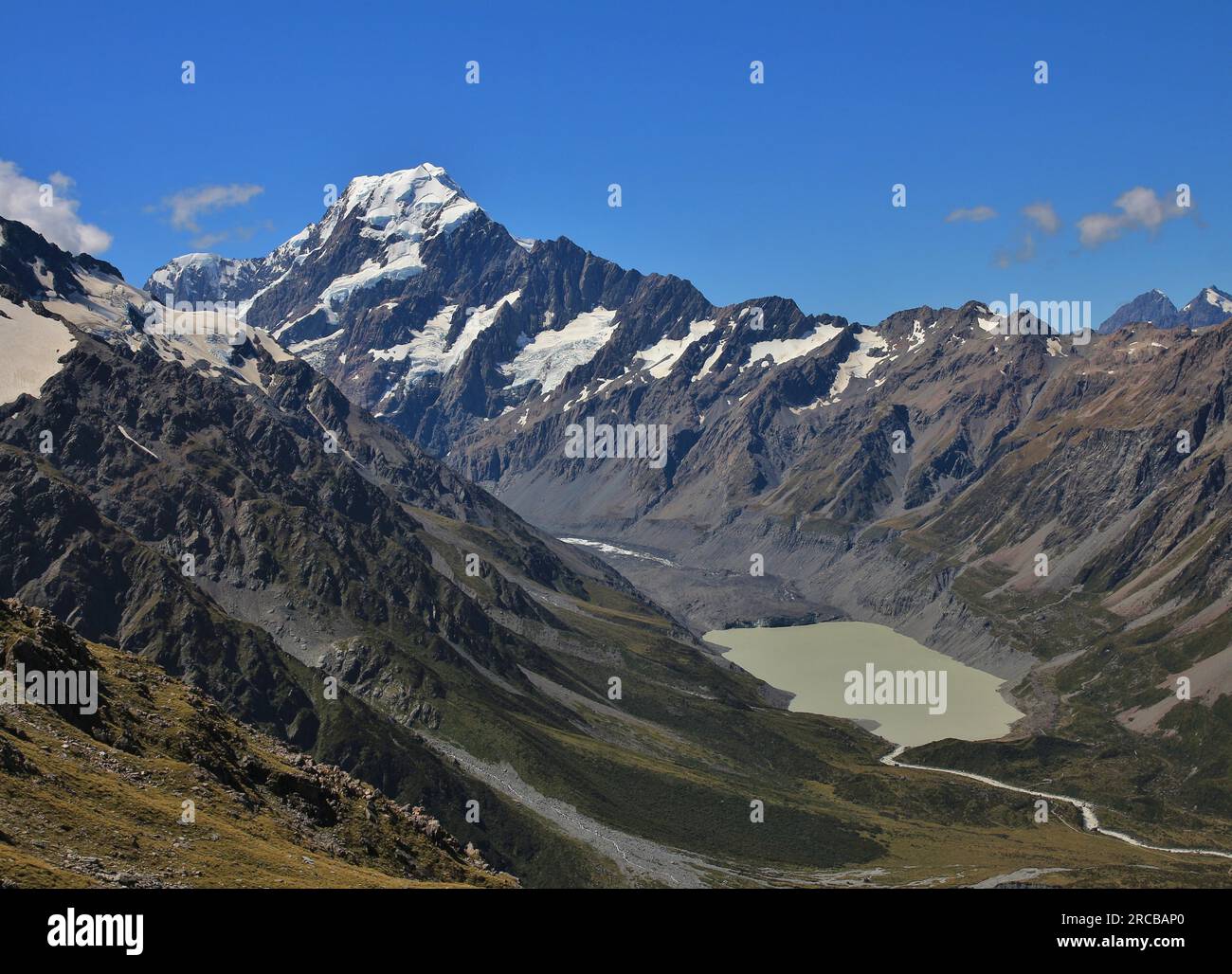 View of Mount Cook. Glacier lake. Beautiful scenery on the way to the ...
