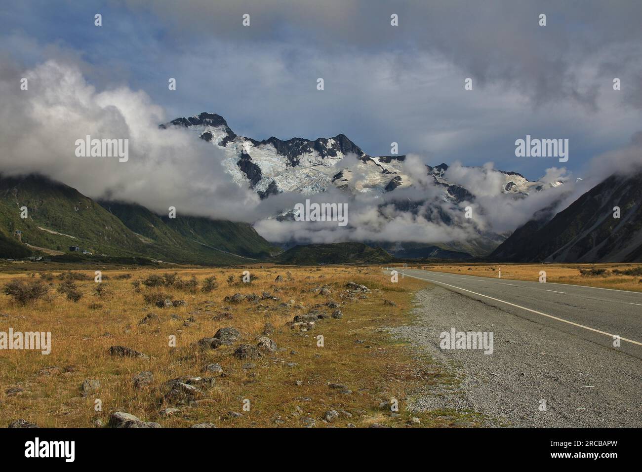 Landscape near Mt Cook village. Mountains covered by glaciers. Morning ...