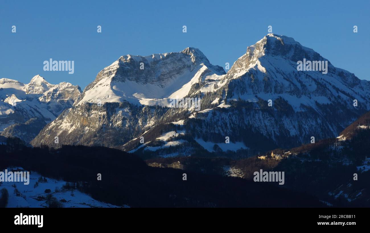 Snow covered mountains on a winter morning. View from Schwyz. Mt ...