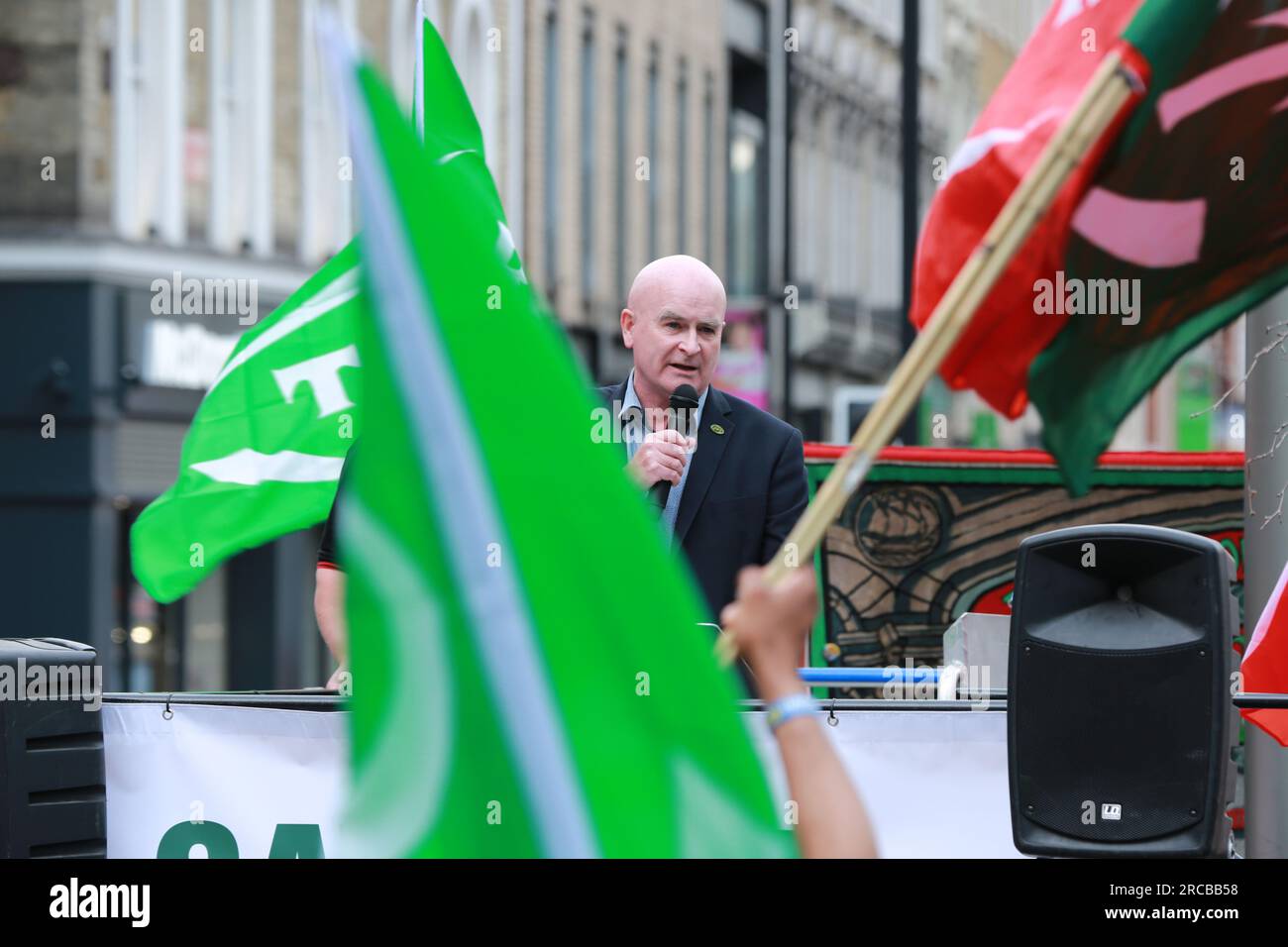 London, UK. 13 July 2023. RMT General Secretary Mick Lynch at the 'Save ...