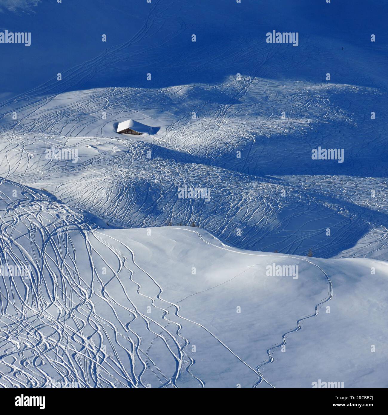 Winter scene in Stoos, Swiss Alps. Ski and snowboard tracks in powder ...